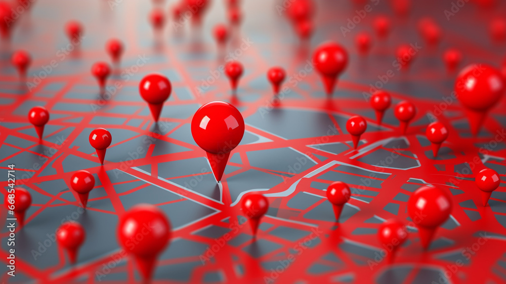 map with multiple red pins indicating locations in the city Stock ...