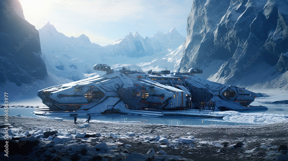 crashed starship, spaceship sticking out of glacial landscape Stock ...