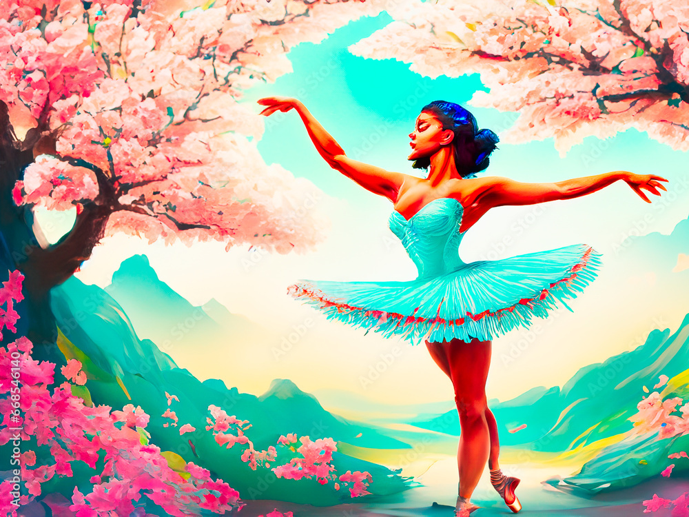 Beautiful ballerina in a blue tutu dancing among the cherry blossoms ...