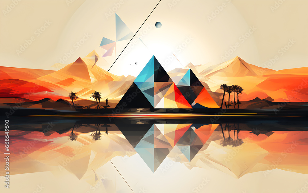 Surreal abstract Egyptian landscape featuring a pyramid amidst a serene ...