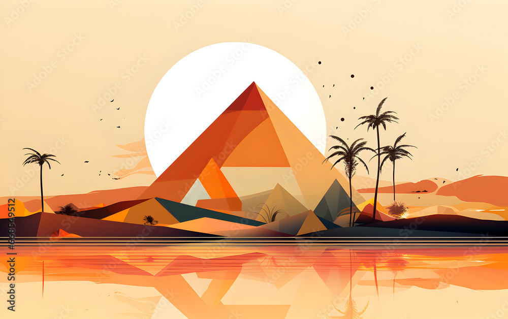 Surreal abstract Egyptian landscape featuring a pyramid amidst a serene ...
