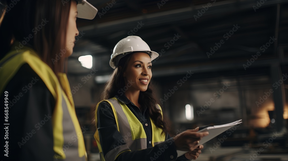 Confident woman engineer giving instructions to male worker on ...