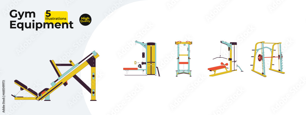 Workout gym equipment 2D linear cartoon objects bundle. Seated cable ...