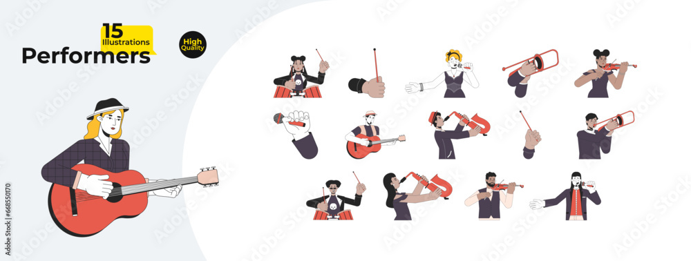 Music performers line cartoon flat illustration bundle. Musician ...
