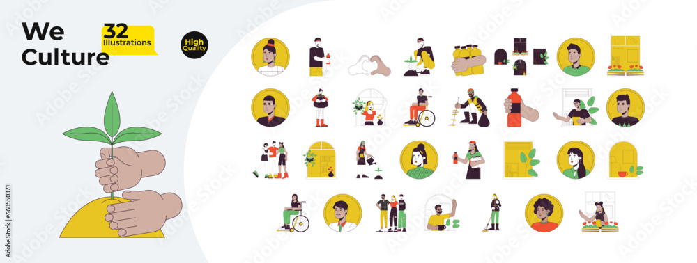 Members community collaboration line cartoon flat illustration bundle ...