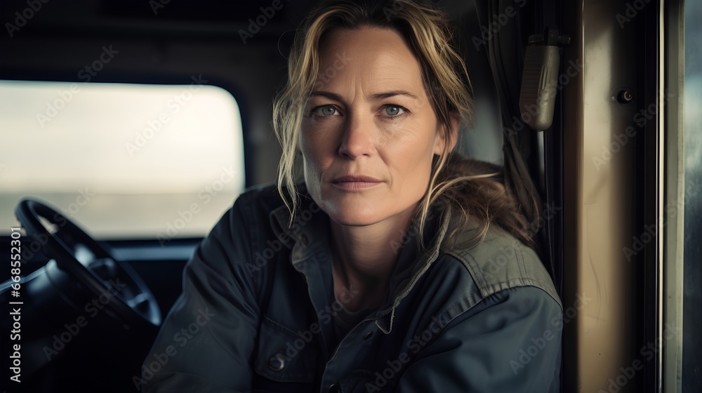 Female truck driver. Professional woman who drives cargo vehicles with ...