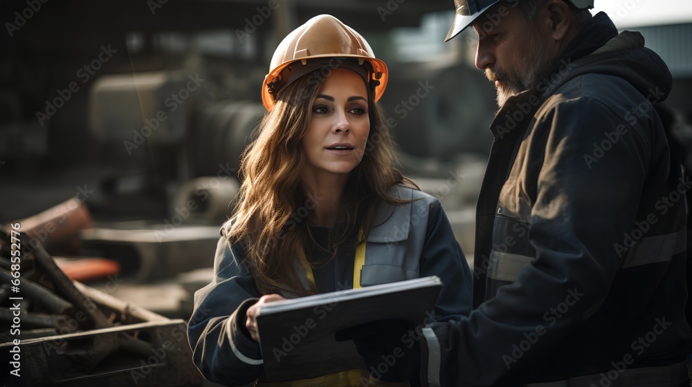 Confident woman engineer giving instructions to male worker on ...