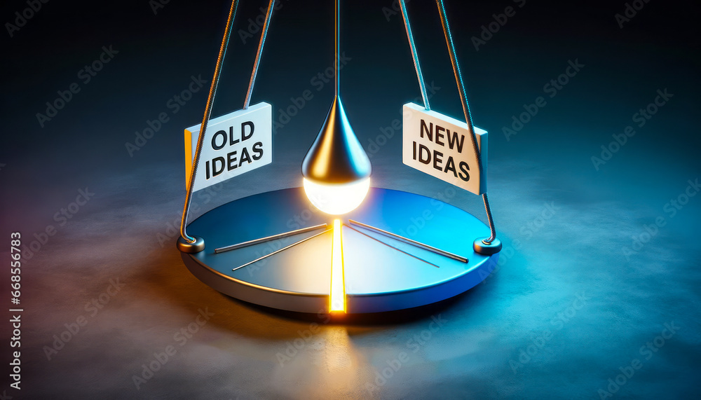 3D render of a pendulum swinging between two zones labeled Old Ideas ...