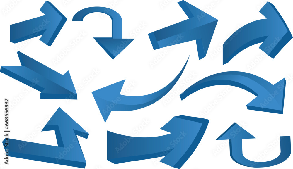 Collection of different blue arrows on white background. Arrow in 3d ...