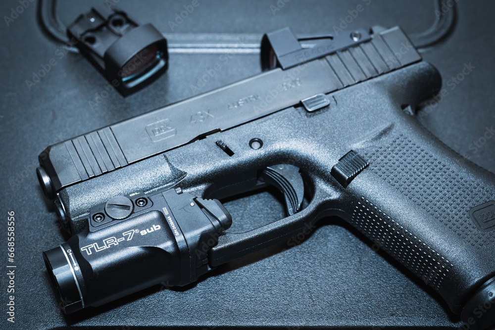 Baltic States, October 25, 2023. Modern compact Glock 43x pistol with ...