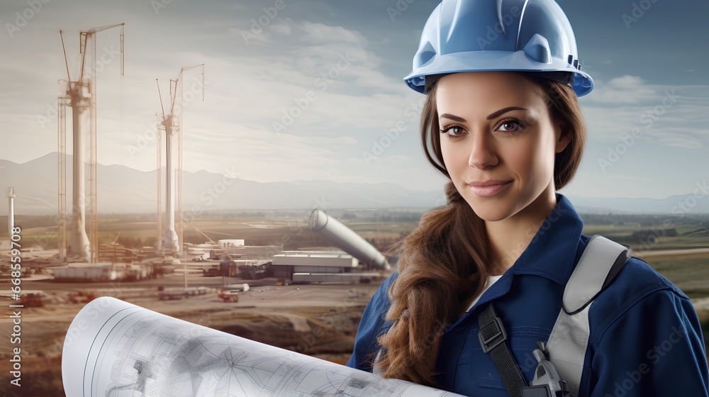 Professional woman engineer holding a large blueprint in her hands ...