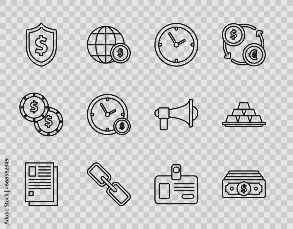 Set line File document, Stacks paper money cash, Clock, Chain link ... Set line File document, Stacks paper money cash, Clock, Chain link ...