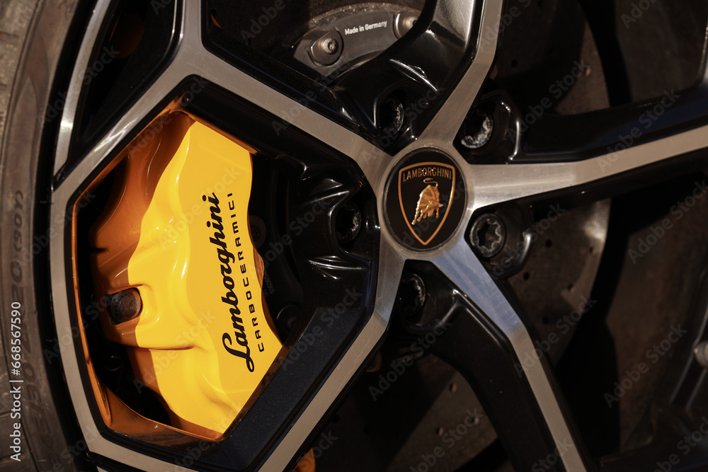 Bucharest, Romania - 24 October 2023: The logo sign of a Lamborghini ...