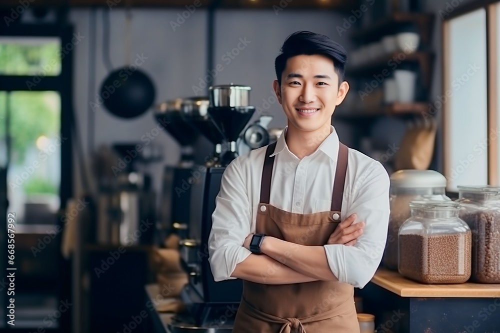 Confident asian men cafe owner standing at his coffee roastery Stock ...
