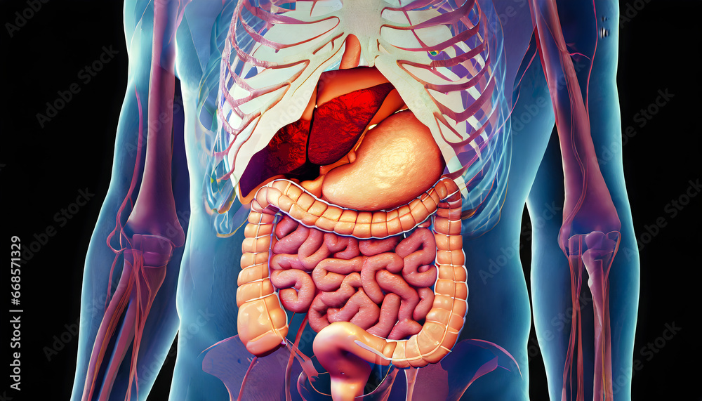 Male anatomy of the human intestinal system. 3d rendering concept and ...