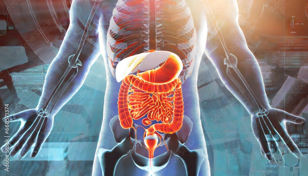 Male anatomy of the human intestinal system. 3d rendering concept and ...