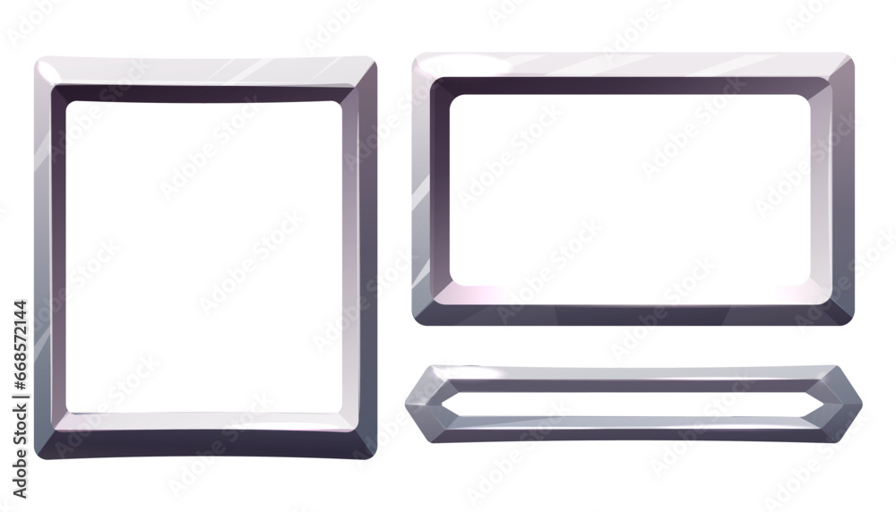 Metal steel frame, iron panel, silver game menu, border in cartoon ...