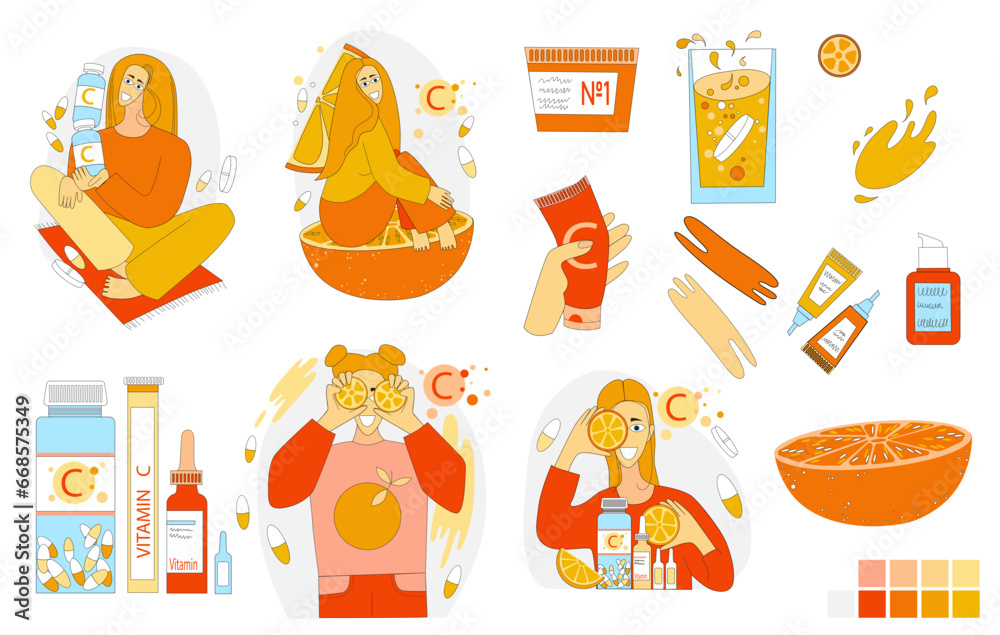 Vector set with girls with oranges and jars of vitamin C. Vector set on ...