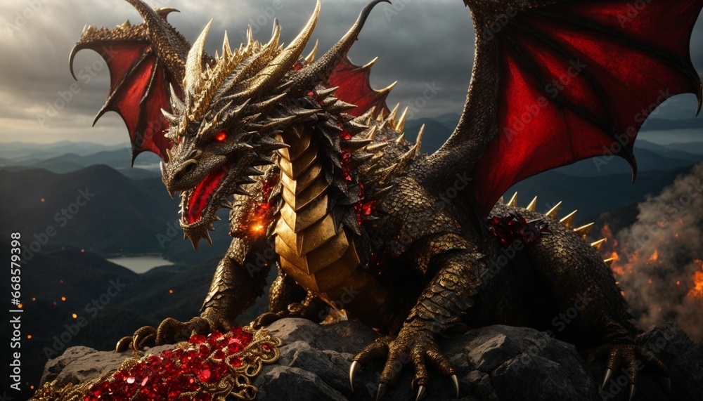 firebreathing red dragon on a mountain of red and gold jewels by ...