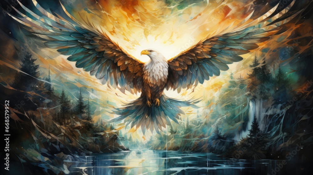 The phoenix is flying up in the sky above water and mountains Stock ...