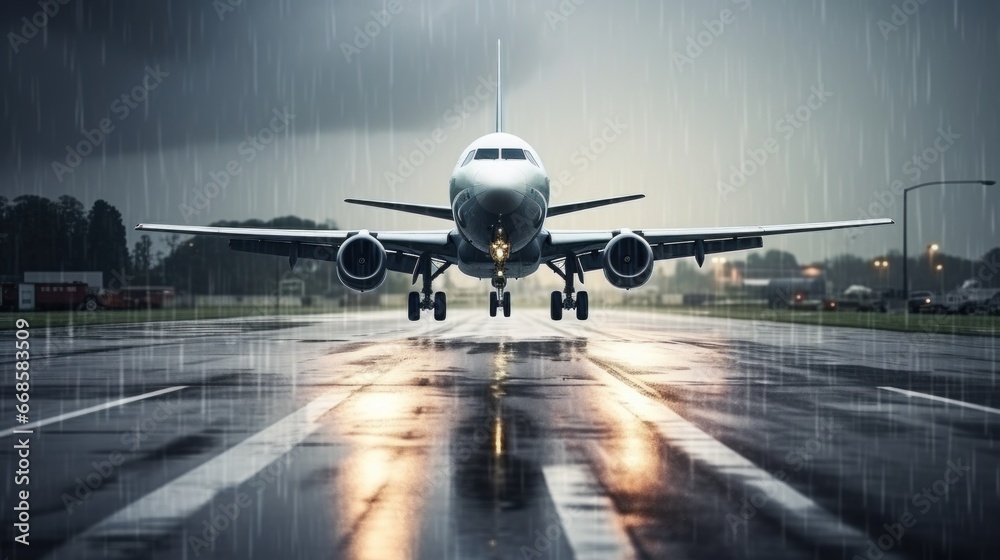 Rain-Soaked Touchdown: Airplane Landing on Drenched Airport Runway in ...