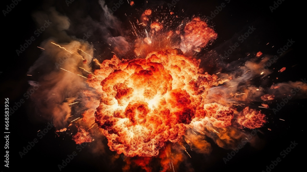 Huge, extremely hot explosion with sparks and hot smoke, against black ...