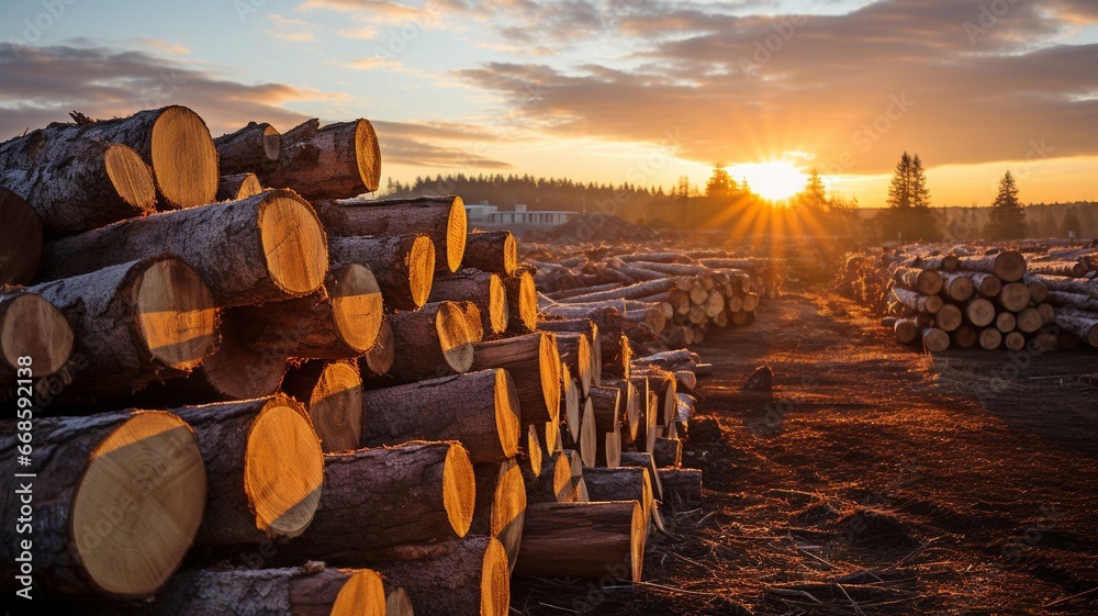 felling tree with spruces and pines during the golden hour, displaying ...