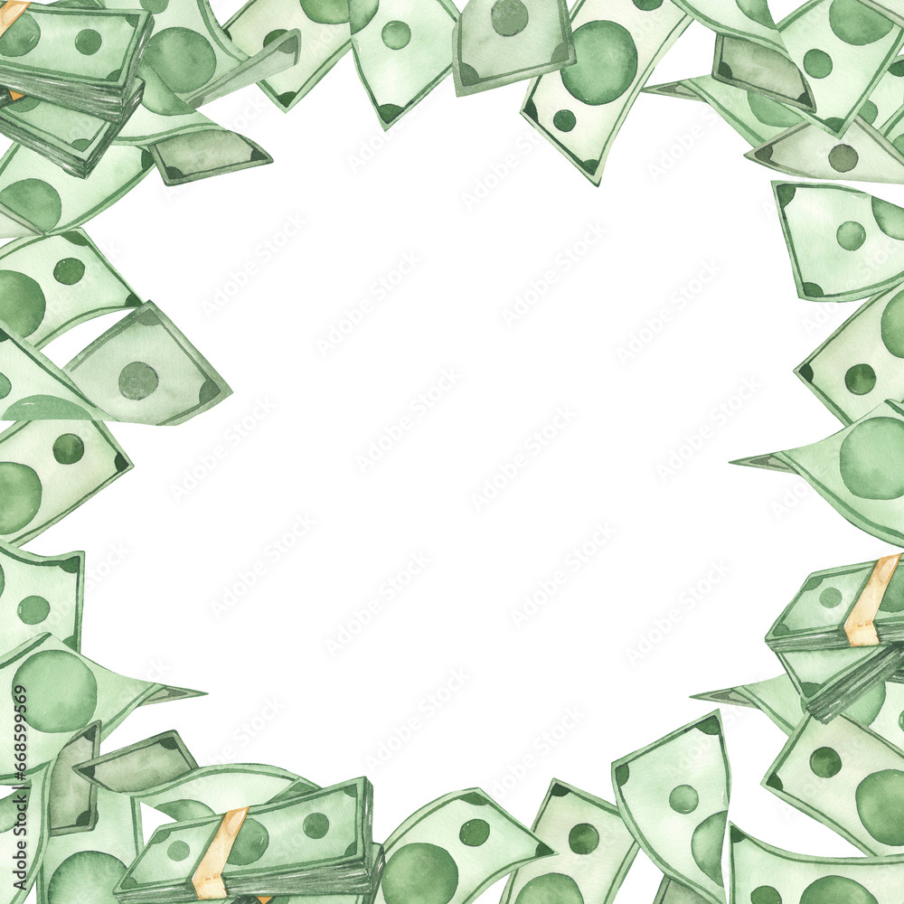 Watercolor square frame with dollars, money, green bills, wealth, for ...