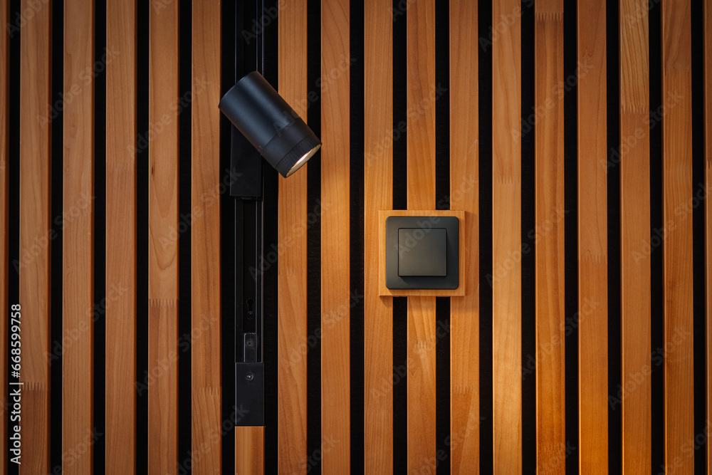 Acoustic panels background wooden beams modern background. Light bulb ...