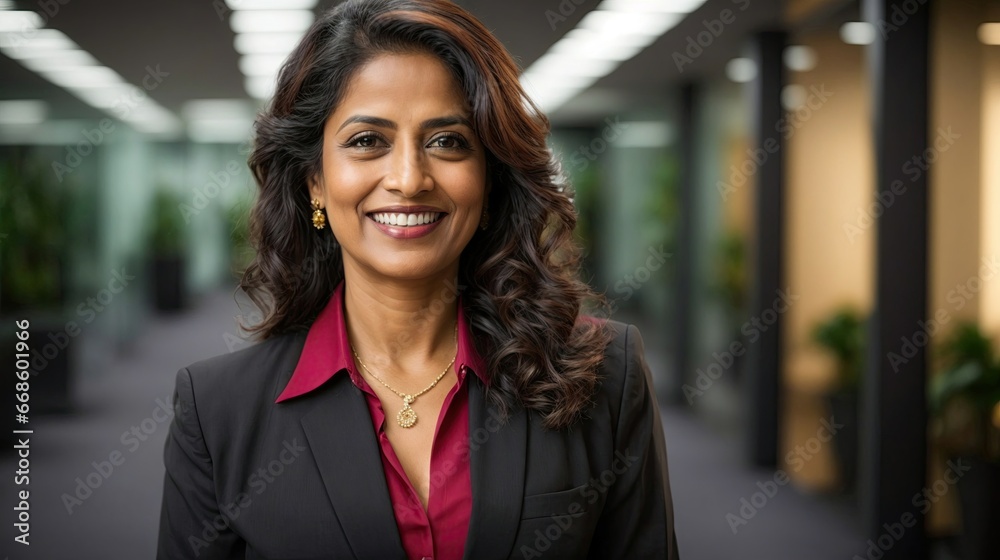 Middle aged Indian Business Woman Executive Smiling in Office Setting ...