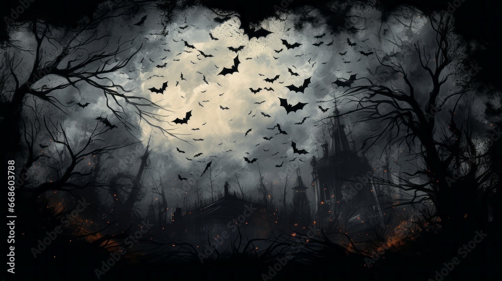 Halloween background with haunted house and bats flying in the night ...