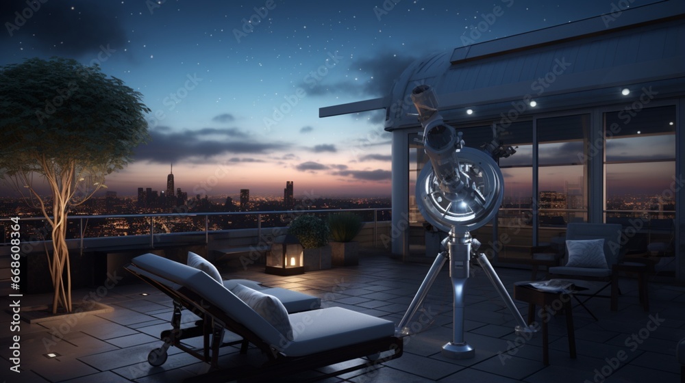 A rooftop observatory with a powerful telescope and comfortable seating ...