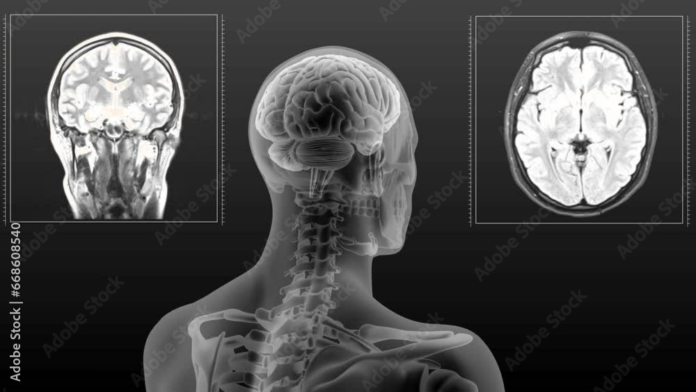 MRI scan of the human head and neck with the skull and Brain visible ...