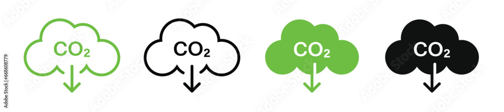 CO2 emission reduction vector icons. Reduce carbon footprint graphics ...