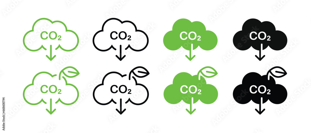 CO2 emission reduction vector icons. Reduce carbon footprint graphics ...