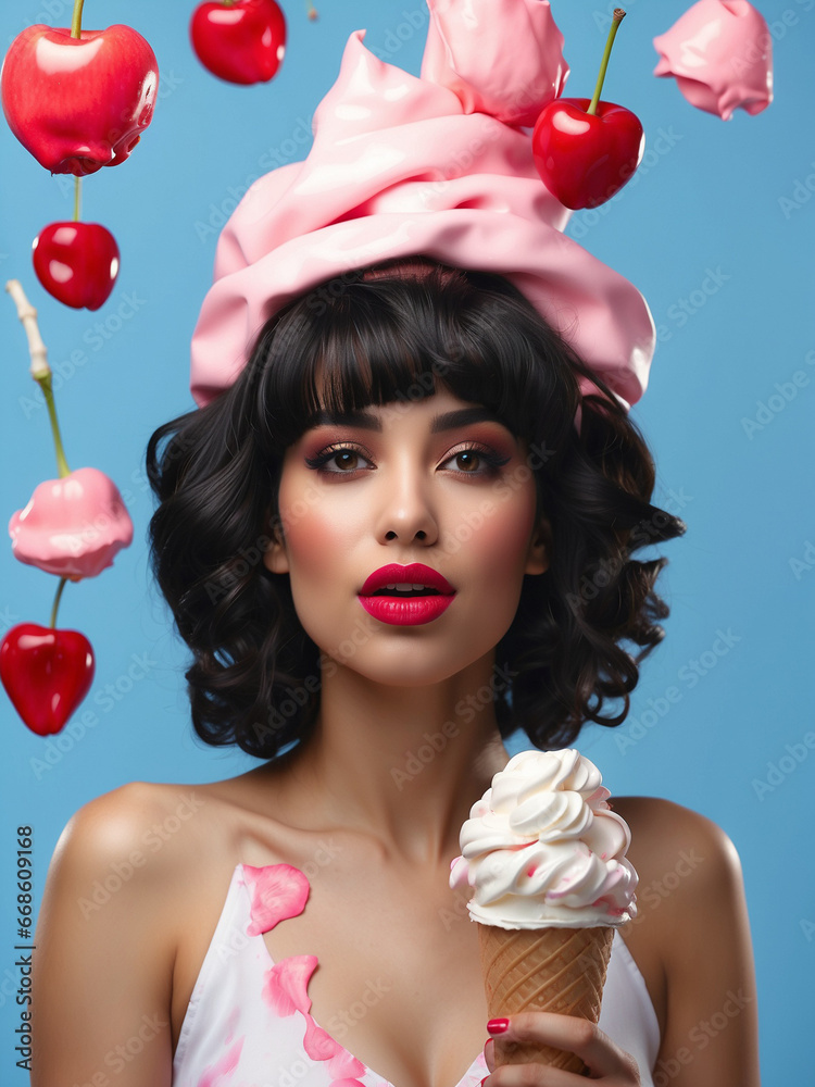 black hair woman with bright cherry lipstick, with huge ice cream cone ...