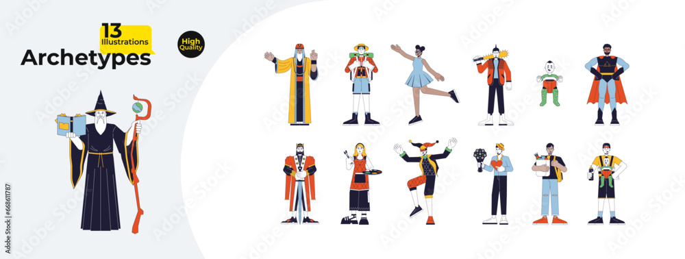 Character archetypes line cartoon flat illustration bundle. Archetypal ...