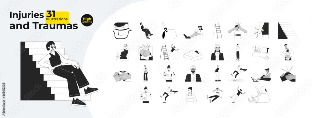 Trauma injured people black and white cartoon flat illustration bundle ...