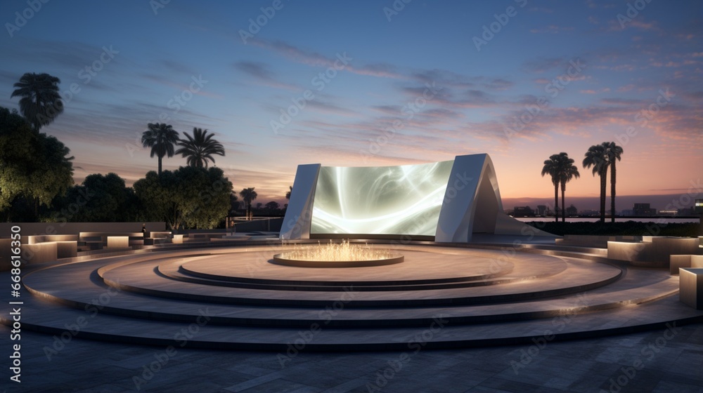 A sleek outdoor amphitheater with a massive LED screen for immersive ...