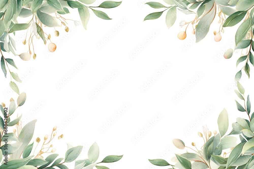 Watercolor green leaves frame. Herbal eucalyptus border. Green leaves ...