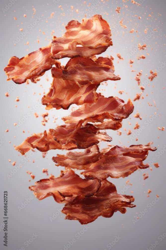 Crispy fried bacon with crunchy fly in the air on pastel background ...