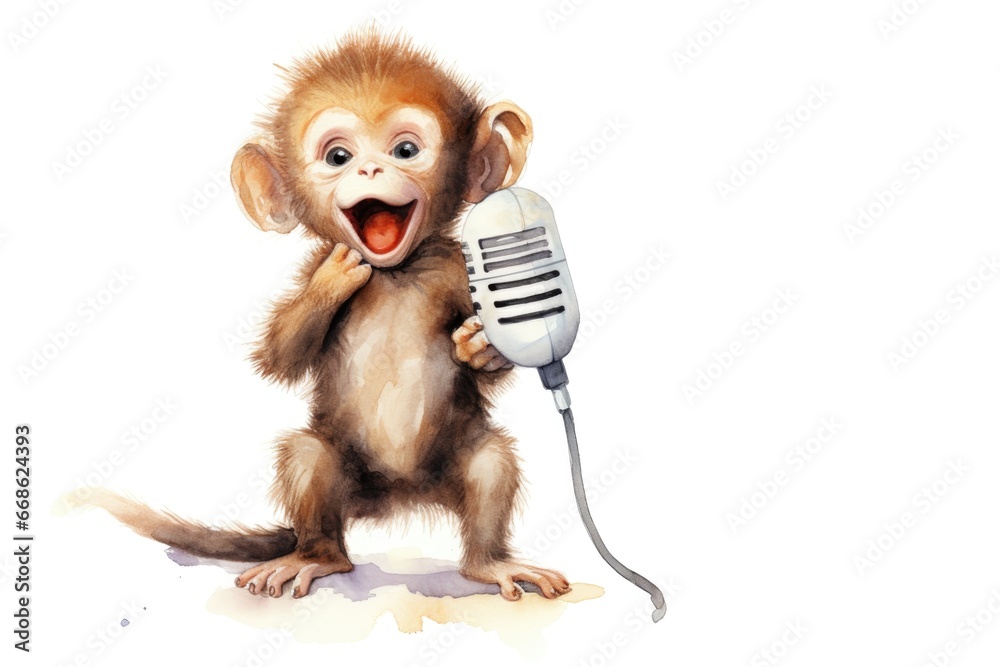 cartoon watercolor monkey with microphone on white background Stock ...