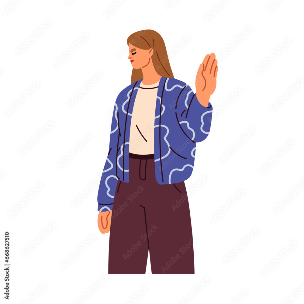 Woman showing stop halt sign with hand gesture. Girl saying no ...