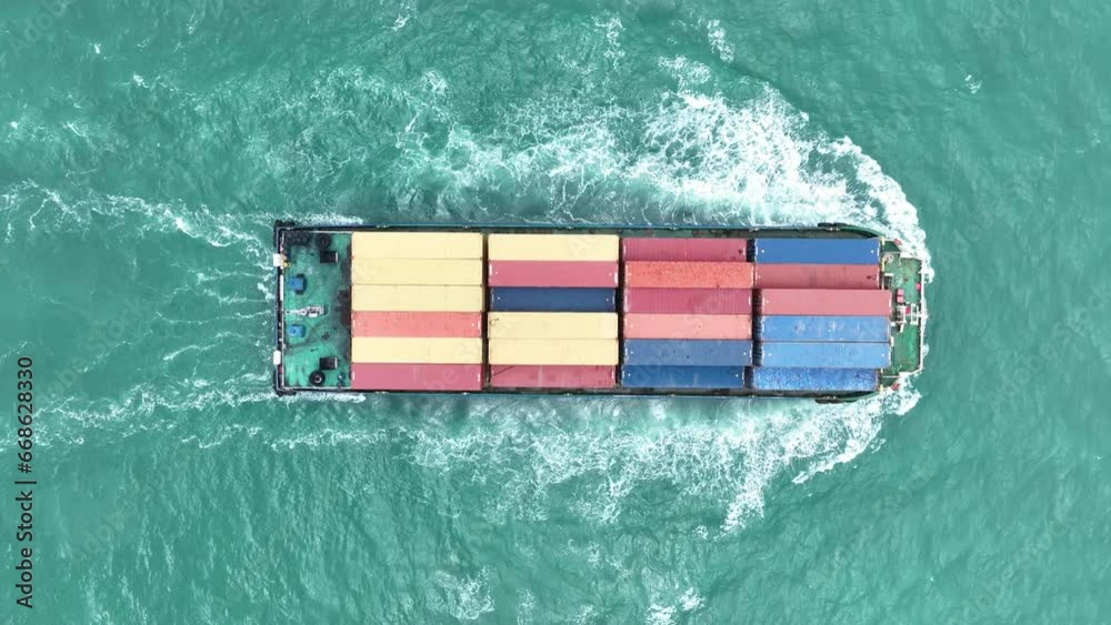 Little small Cargo Container ship with contrail in the ocean ship ...