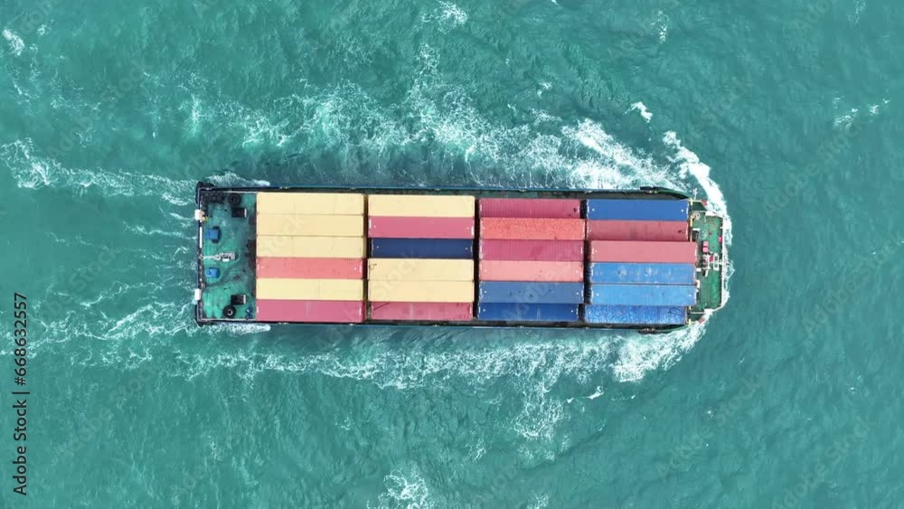 Little small Cargo Container ship with contrail in the ocean ship ...