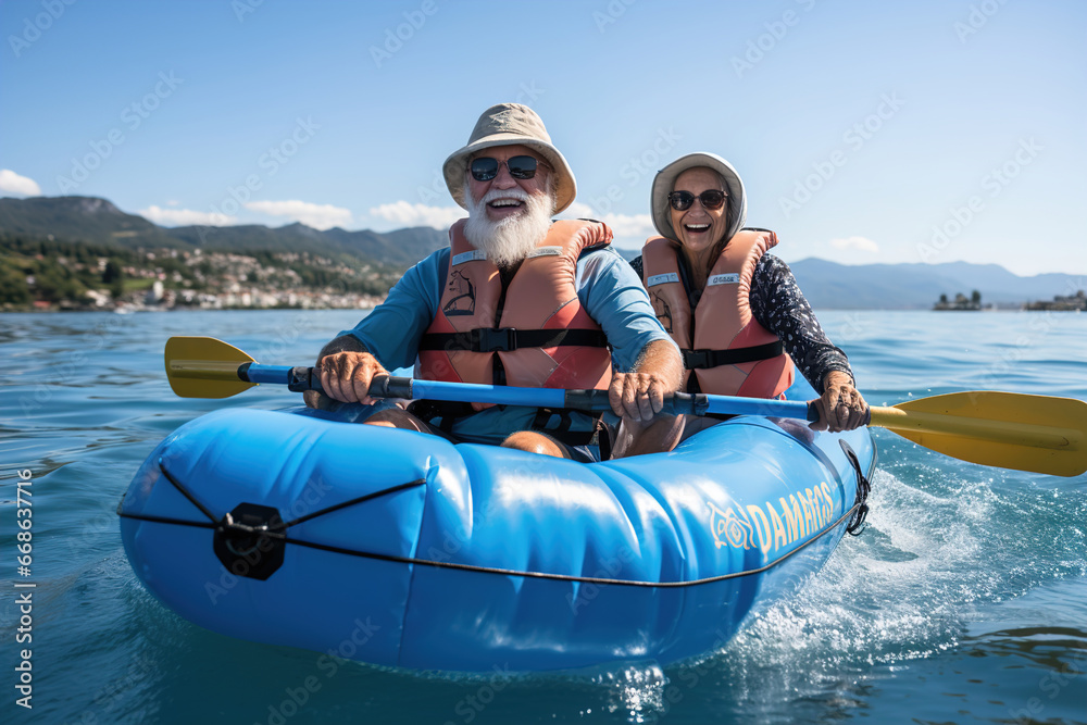 Old senior men and woman riding on top of a blue raft. Stock ...