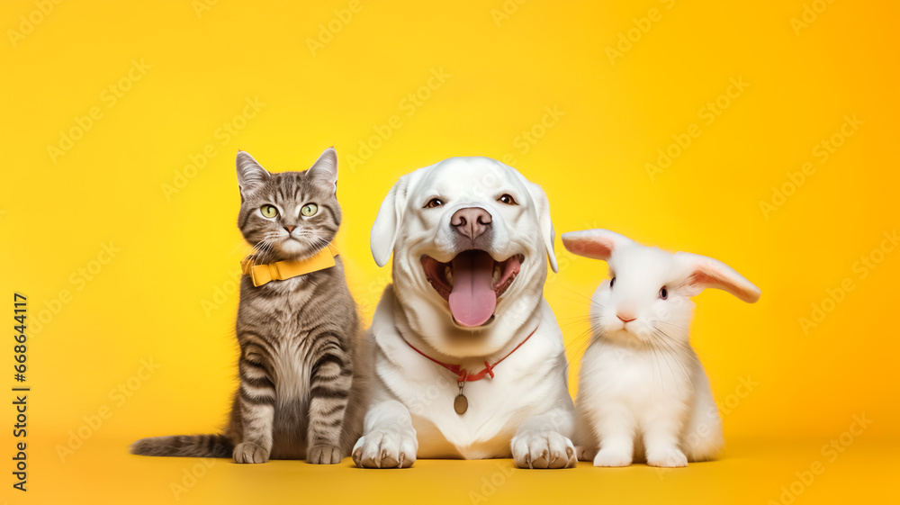 portrait of dog,cat and rabbit in pestel background.friend and ...