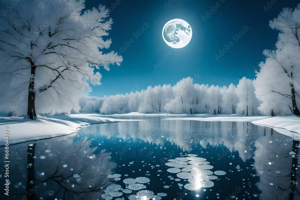 dark blue water lake with light snow falling on the surface of water ...