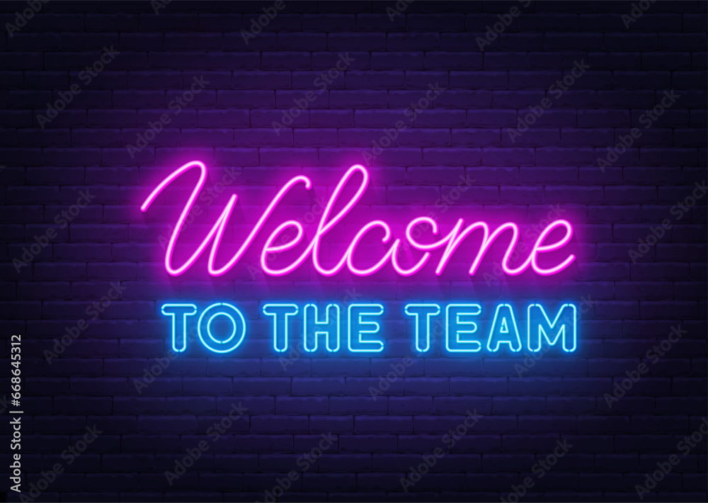 Welcome to the team neon sign on brick wall background. Stock Vector ...