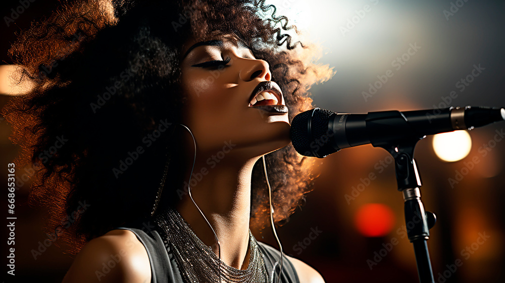 A beautiful young black American woman sings into a microphone. Pop ...